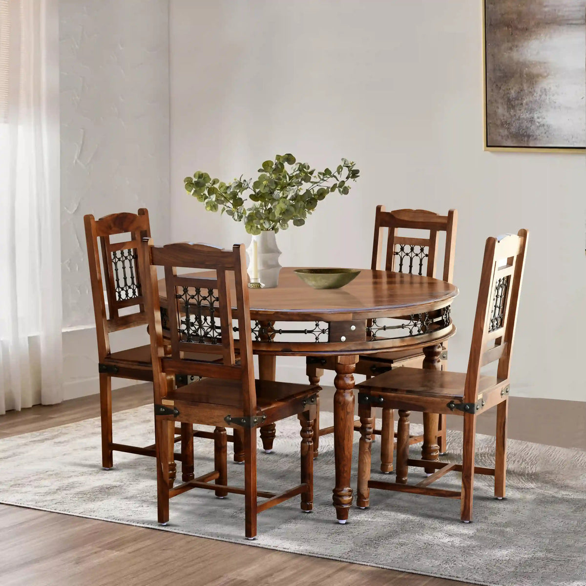 Haveli Solid Wood 4 Seater Round Dining Table Set